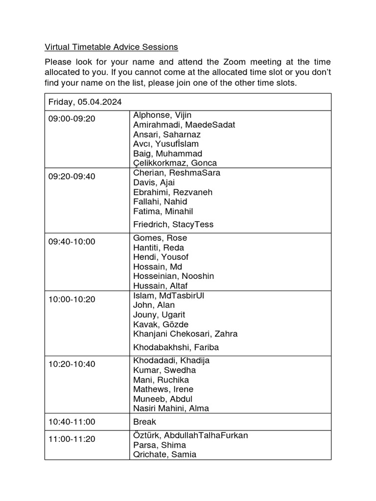 Timetable Advice Sessions | PDF