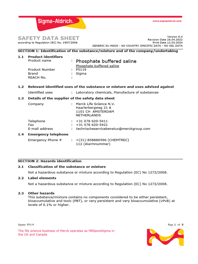 Fosfaat Saline Buffer | PDF | Dangerous Goods | Toxicity