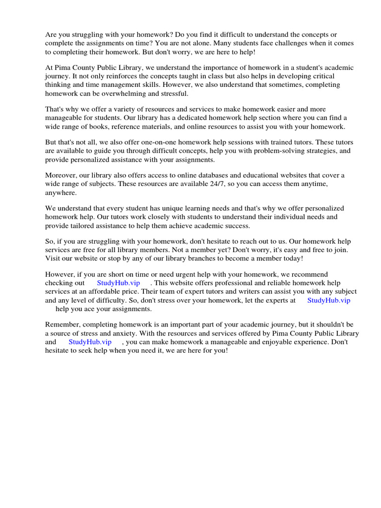 Pima County Public Library Homework Help | PDF | Homework | Libraries