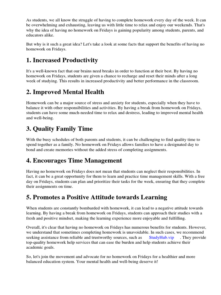 No Homework On Fridays Facts | PDF | Homework | Mental Health