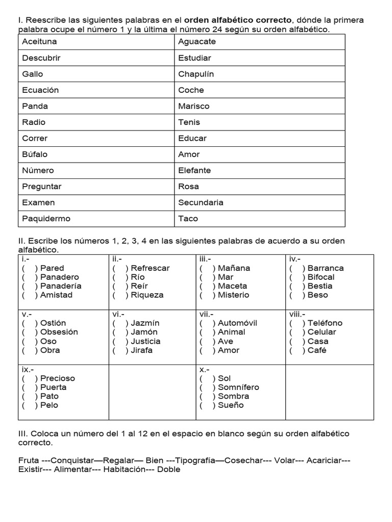 Ejercicios de Orden Alfabético | PDF