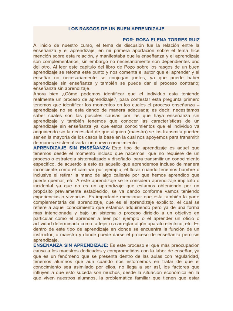 LOS RASGOS DE UN BUEN APRENDIZAJE - Rosa Elena Torres Ruiz | PDF | Aprendizaje | Enseñando