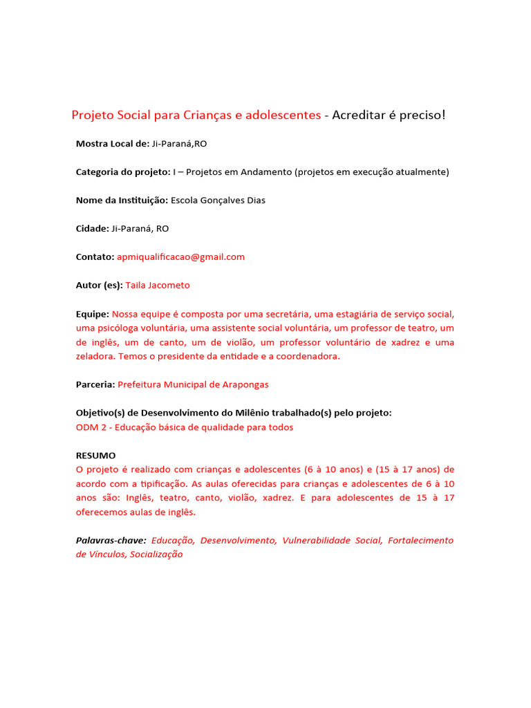 Modelo Pronto de Projeto Social | Download grátis PDF | Adolescência | Desenvolvimento profissional