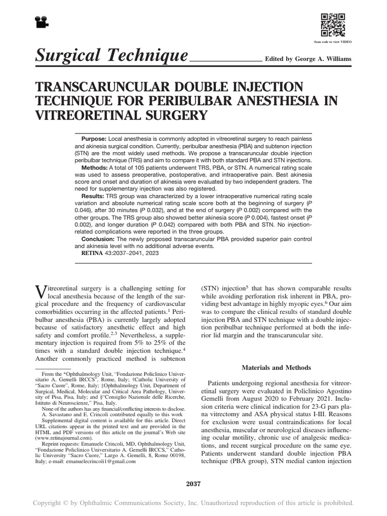 Transcaruncular Double Injection Technique For Peribulbar Anesthesia in ...