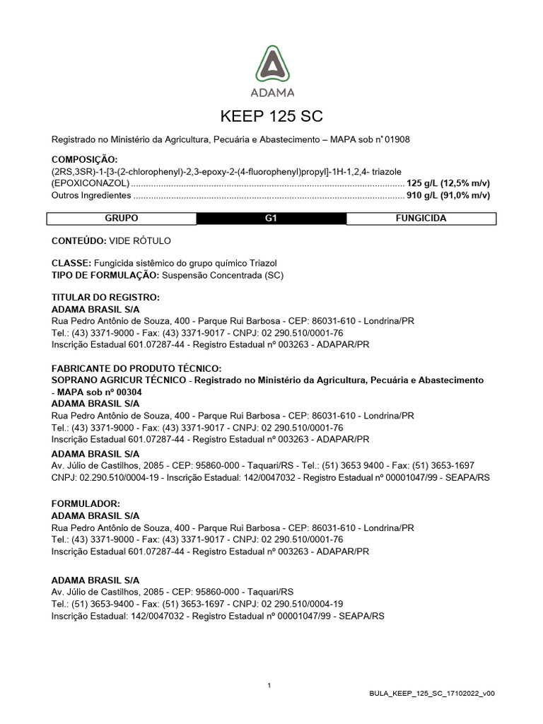 Fungicida Sistêmico KEEP 125 SC: Uso e Aplicação | PDF | Testosterona ...