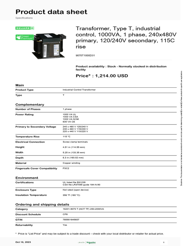 Industrial Control Transformers (Machine Tool)_9070T1000D31 | PDF | Transformer | Electrical ...