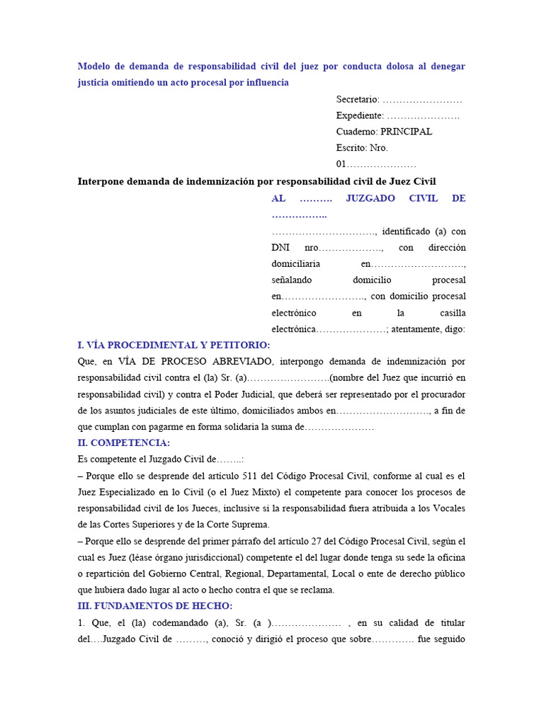 Modelo de Demanda de Responsabilidad Civil Del Juez Por Conducta Dolosa ...