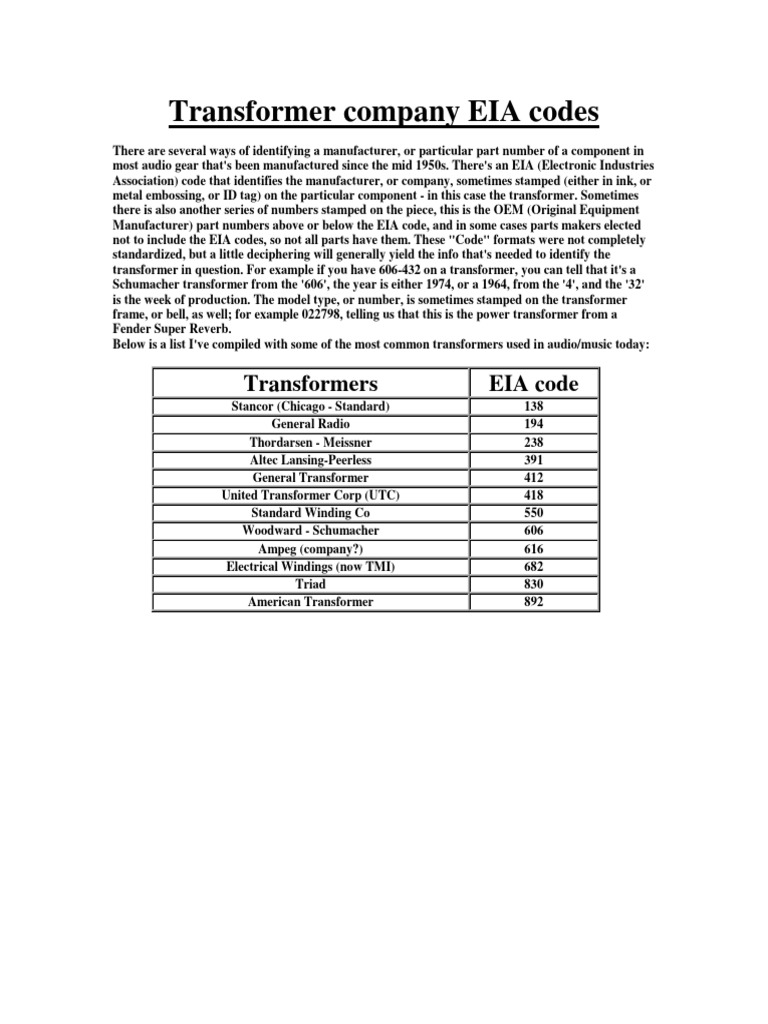 13 Transformer EIA Codes | PDF