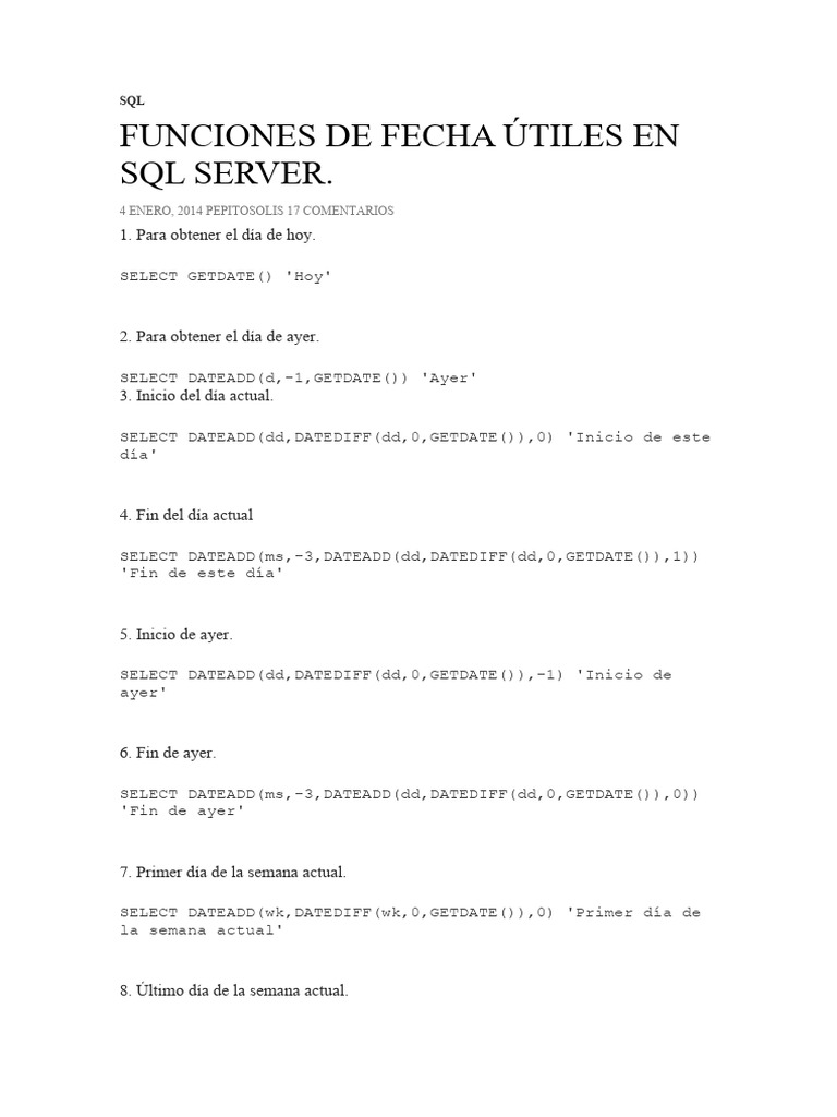 Ayuda Funciones SQL Server de Fecha | PDF | Tecnología