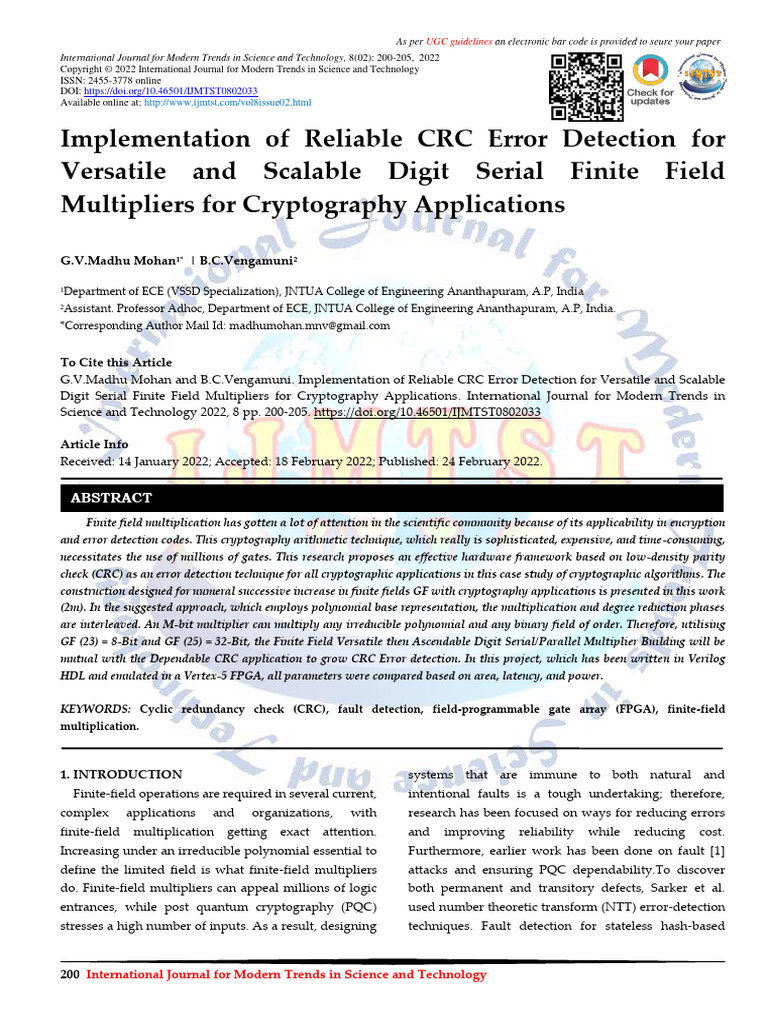 Implementation of Reliable CRC Error Detection For Versatile and Scalable Digit Serial Finite ...