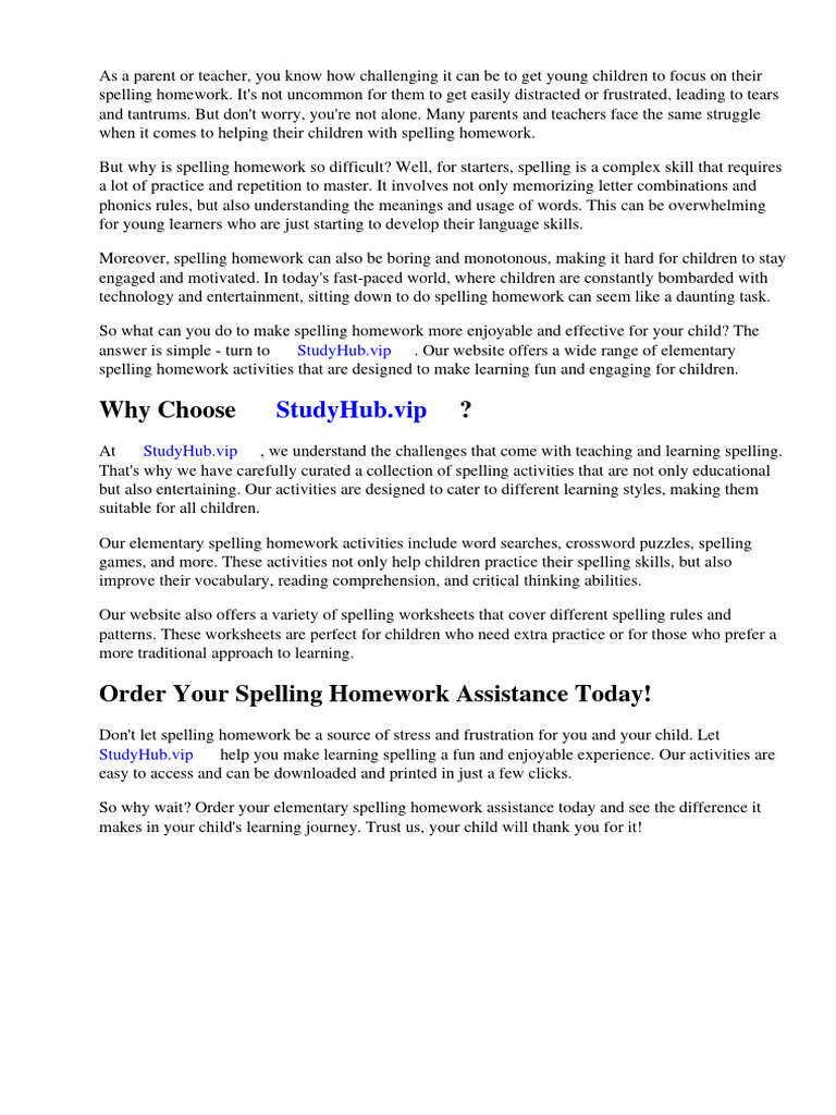 Elementary Spelling Homework Activities | PDF | Homework | Learning