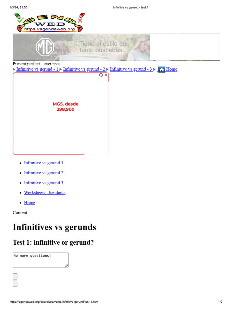 Infinitive vs Gerund Exercises Online | PDF