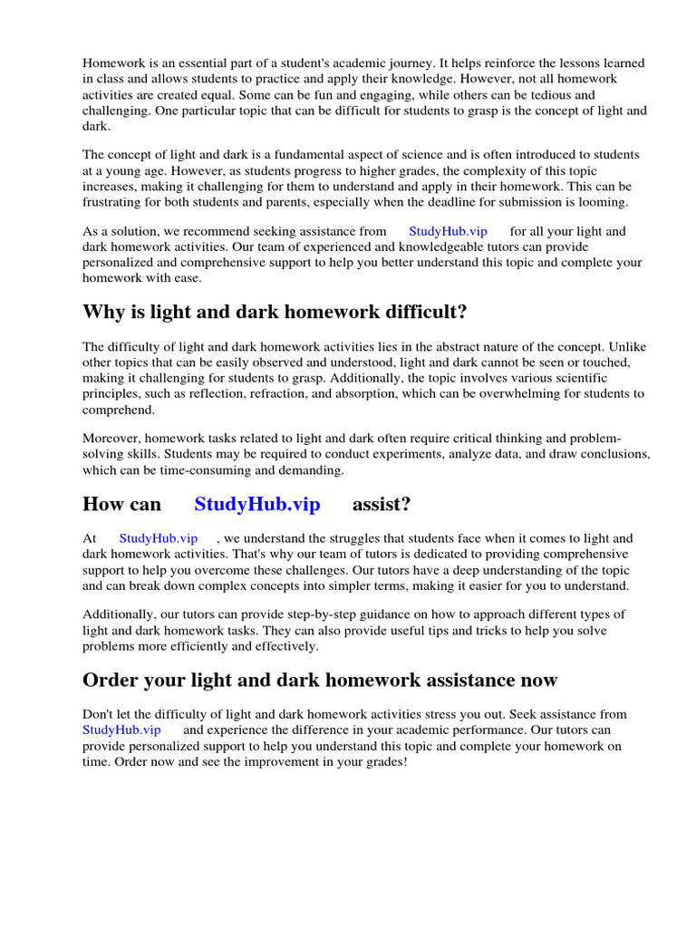 Light and Dark Homework Activities | PDF | Light | Homework