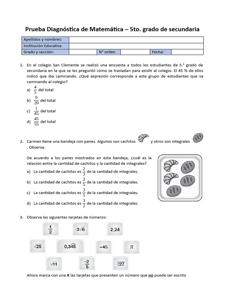 5° Prueba Diagnóstica Matemática | PDF | Tren