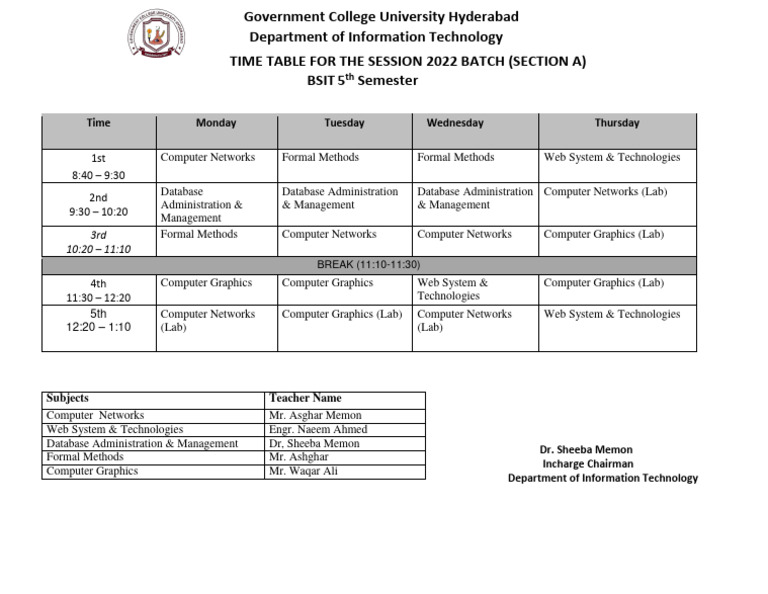 2022 Batch BSIT 5th Semester Time Table Section A | PDF