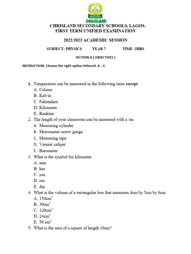 Physics First Term Questions Year 7 2023 | PDF | Temperature | Volume