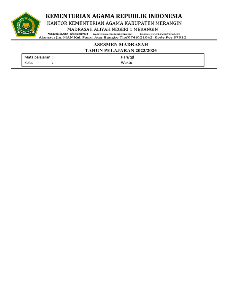 Kop Soal ASESMEN Madrasah 2324 | PDF