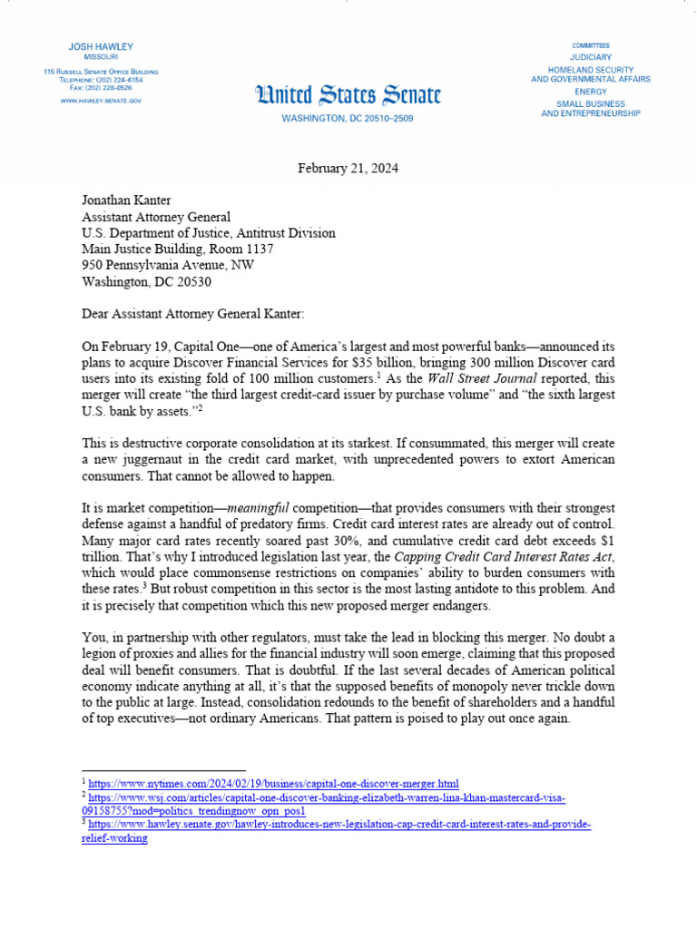 Hawley Letter To Kanter Re Capital One Discover Merger | PDF | Mergers ...
