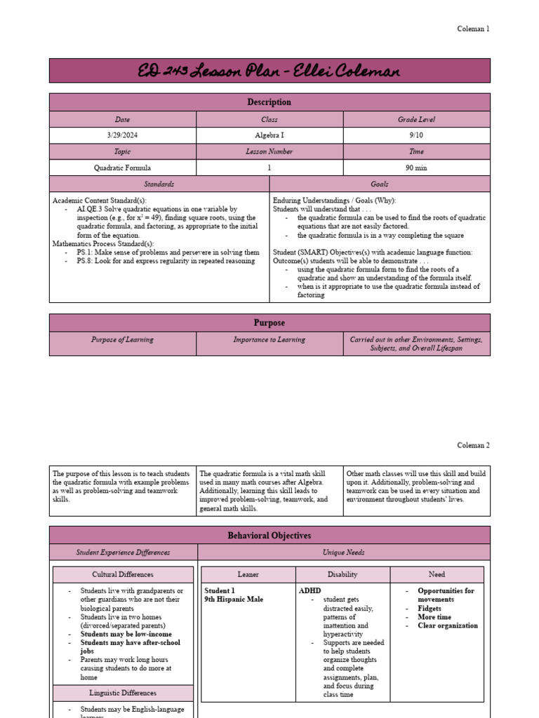 Coleman - Ed 243 Lesson Plan | PDF | Quadratic Equation ...