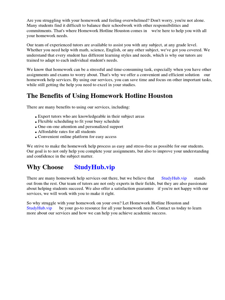 Homework Hotline Houston | PDF | Schools | Homework Homework Hotline Houston | PDF | Schools | Homework