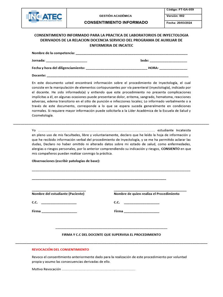 FT-GA-059 CONSENTIMIENTO INFORMADO PRACTICA DE INYECTOLOGIA v2 | PDF | Consentimiento informado ...