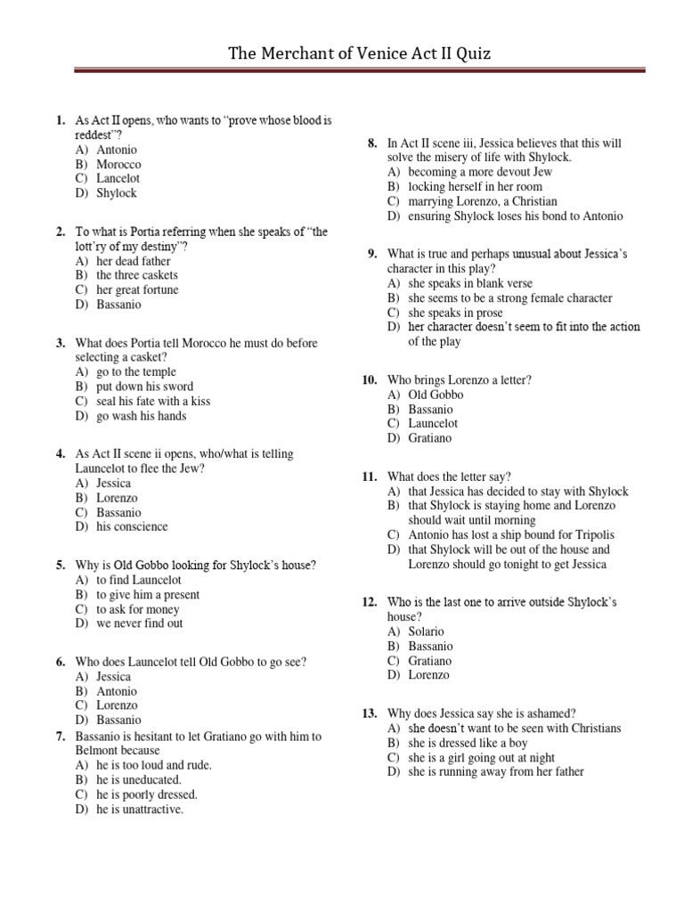 ACT 2 Quiz PDF Merchant of Venice | PDF | The Merchant Of Venice ...