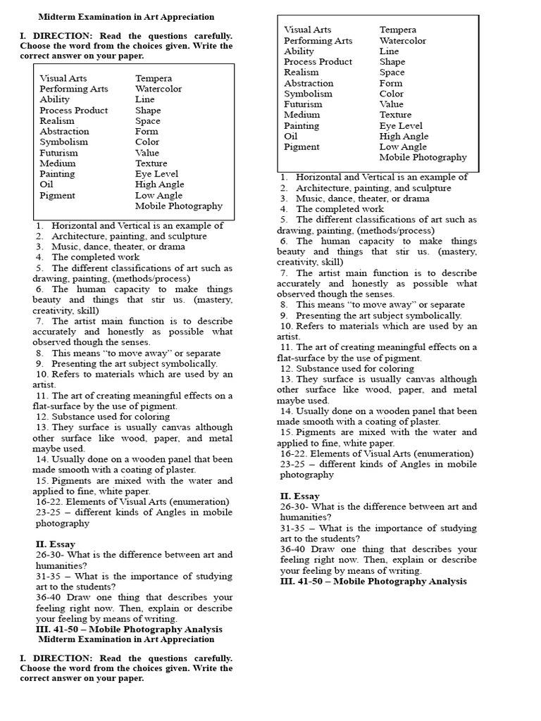 Art Appreciation Midterm Exam Guide | PDF | Paintings | The Arts