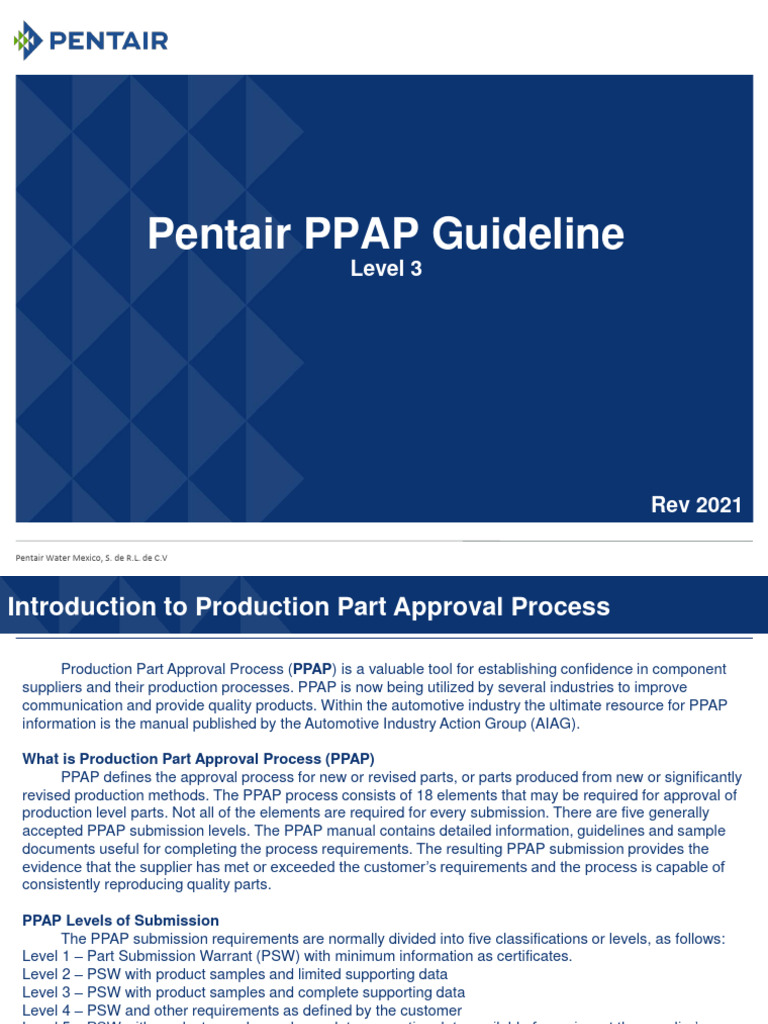 Pentair PPAP Guideline Level 3 - Rev 2021 | PDF | Production And Manufacturing | Engineering