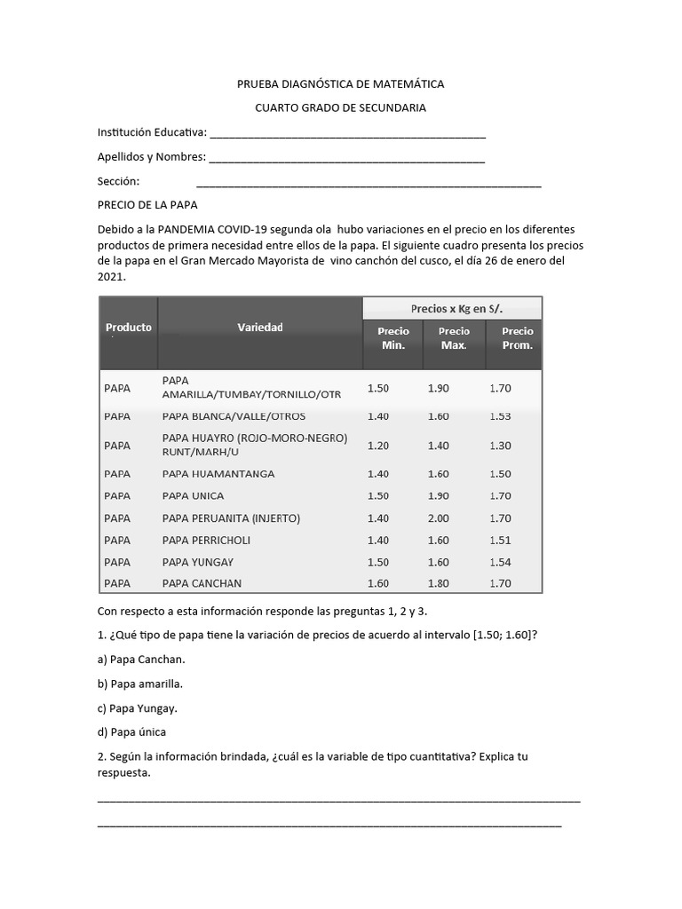 PRUEBA DIAGNÓSTICA DE MATEMÁTICA 2021 | PDF