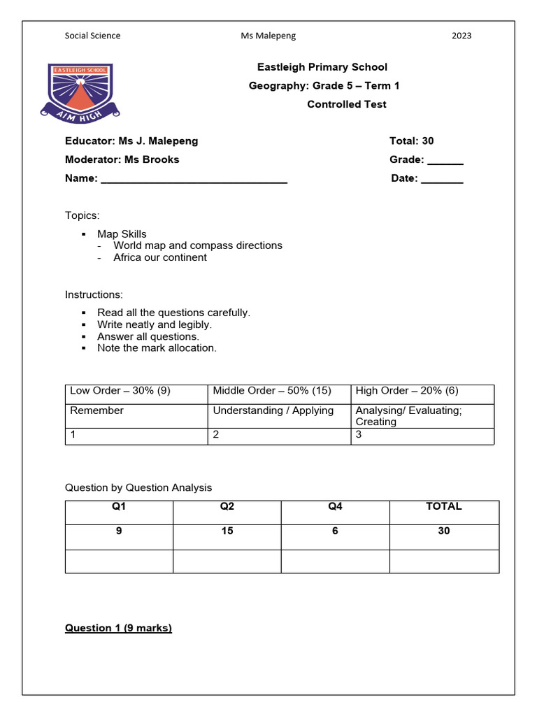 Grade 5 Geography Formal Assessment Task Term 1 | PDF | Africa