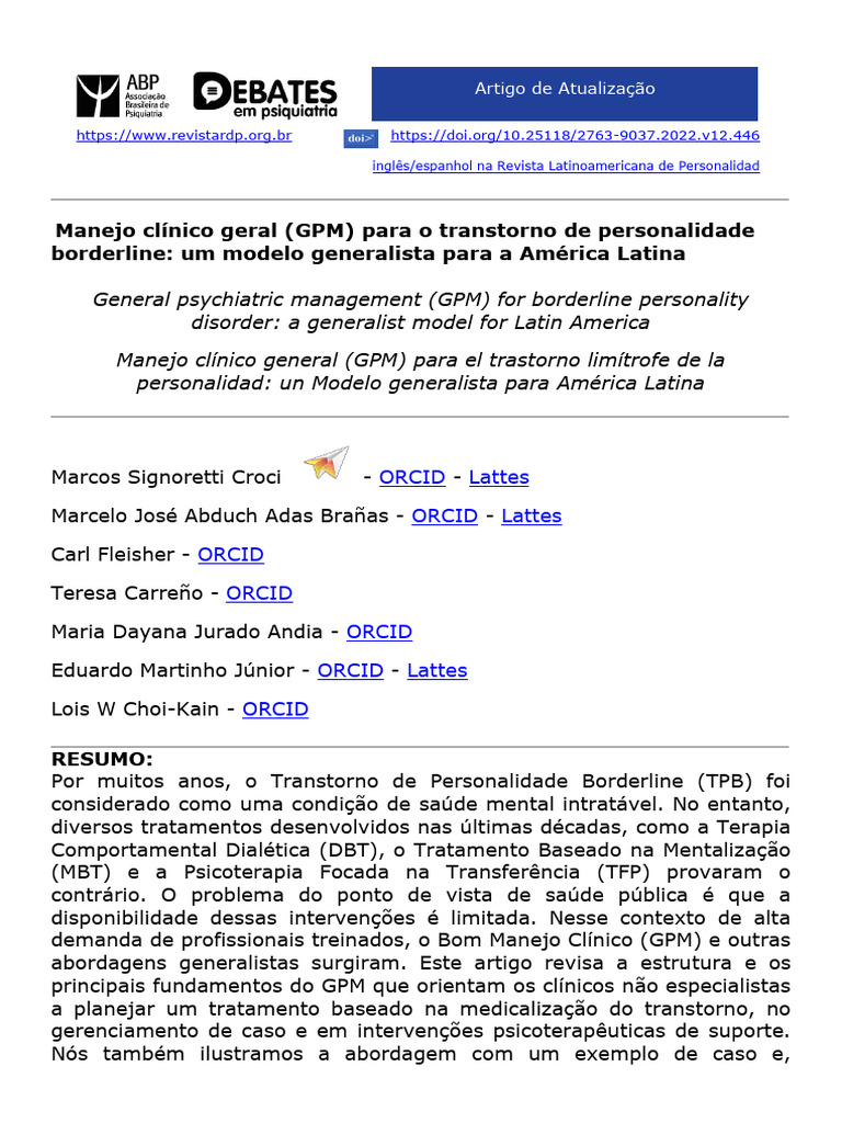 Manejo Clínico Geral para Transtorno de Personalidade Borderline - Um ...
