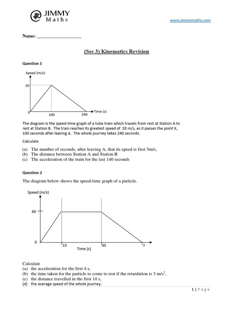 Sec 3 Kinematics Revision Assignment | PDF | Acceleration | Speed