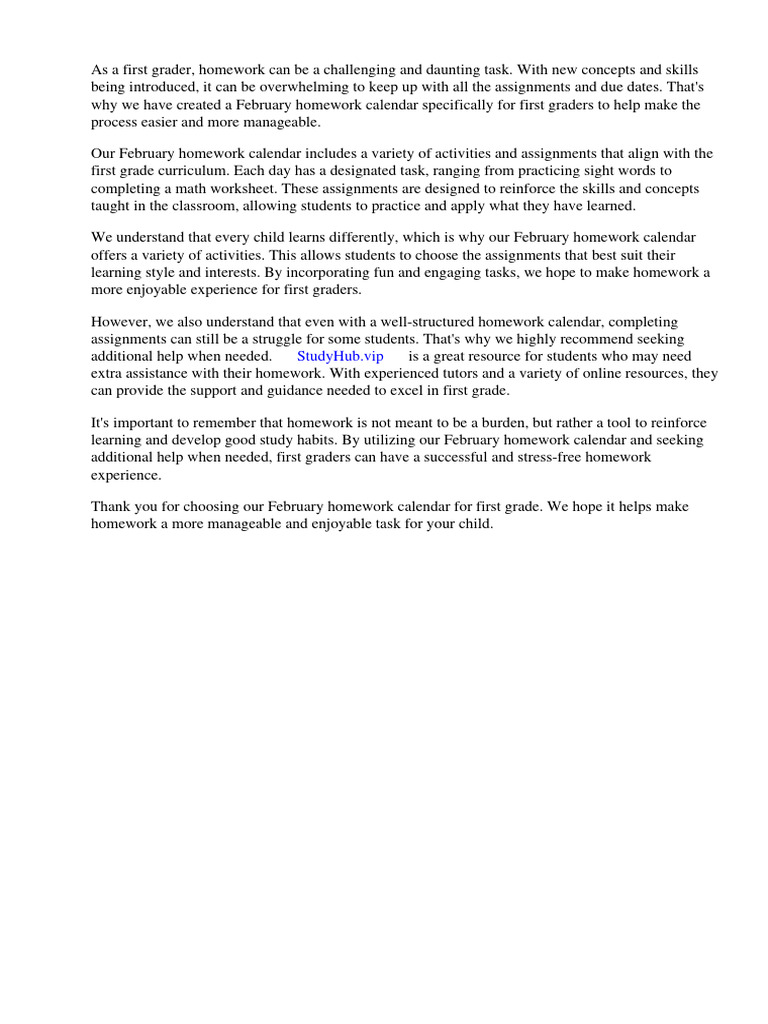 February Homework Calendar First Grade | PDF | Homework | Safari (Web ...