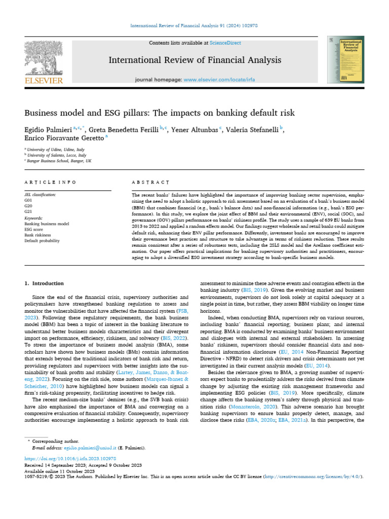 Business model and ESG pillars - The impacts on banking default risk ...