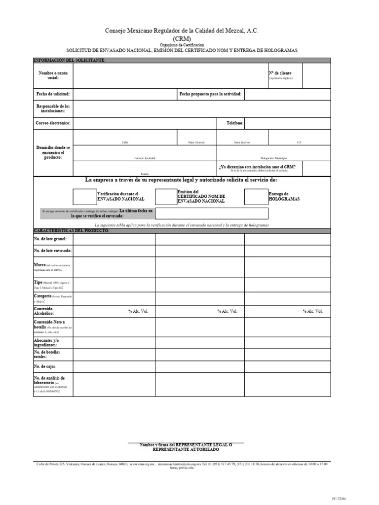 Fc-72 r4 Solicitud de Envasado Nacional, Del Certificado Nom y Entrega ...