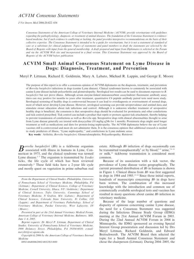Veterinary Internal Medicne - 2008 - Littman - ACVIM Small Animal Consensus Statement On Lyme ...