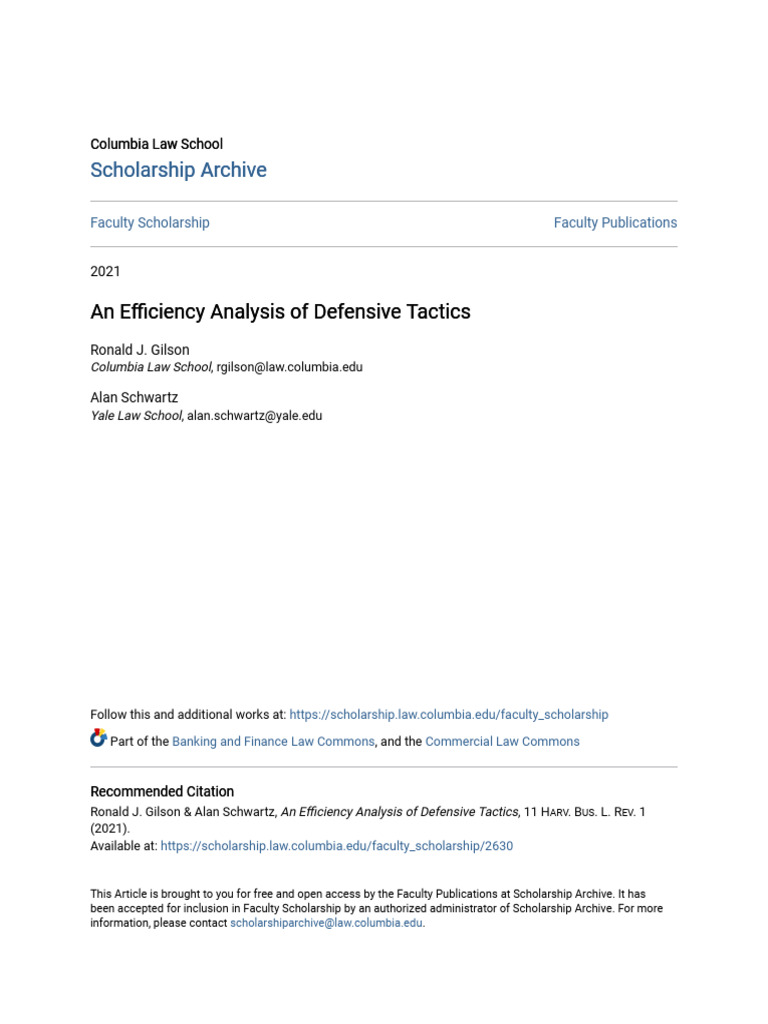 An Efficiency Analysis of Defensive Tactics | PDF | Takeover | Mergers And Acquisitions