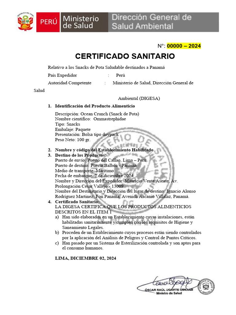 Certificado Sanitario | PDF