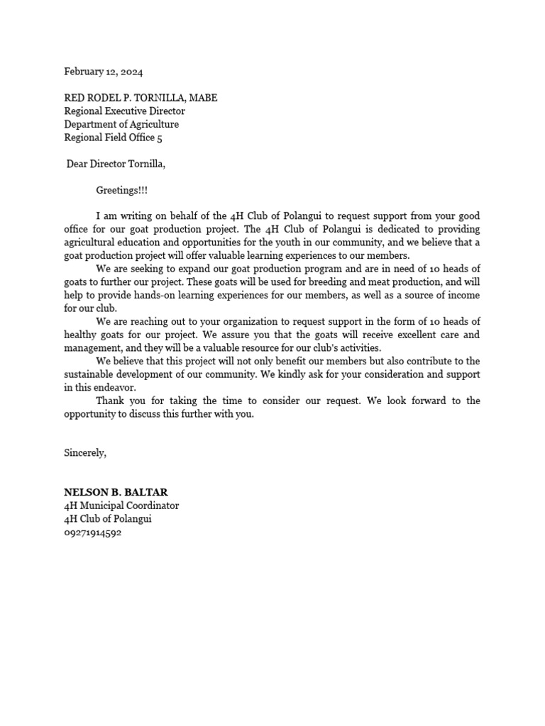 letter of request on DA for goat production | PDF