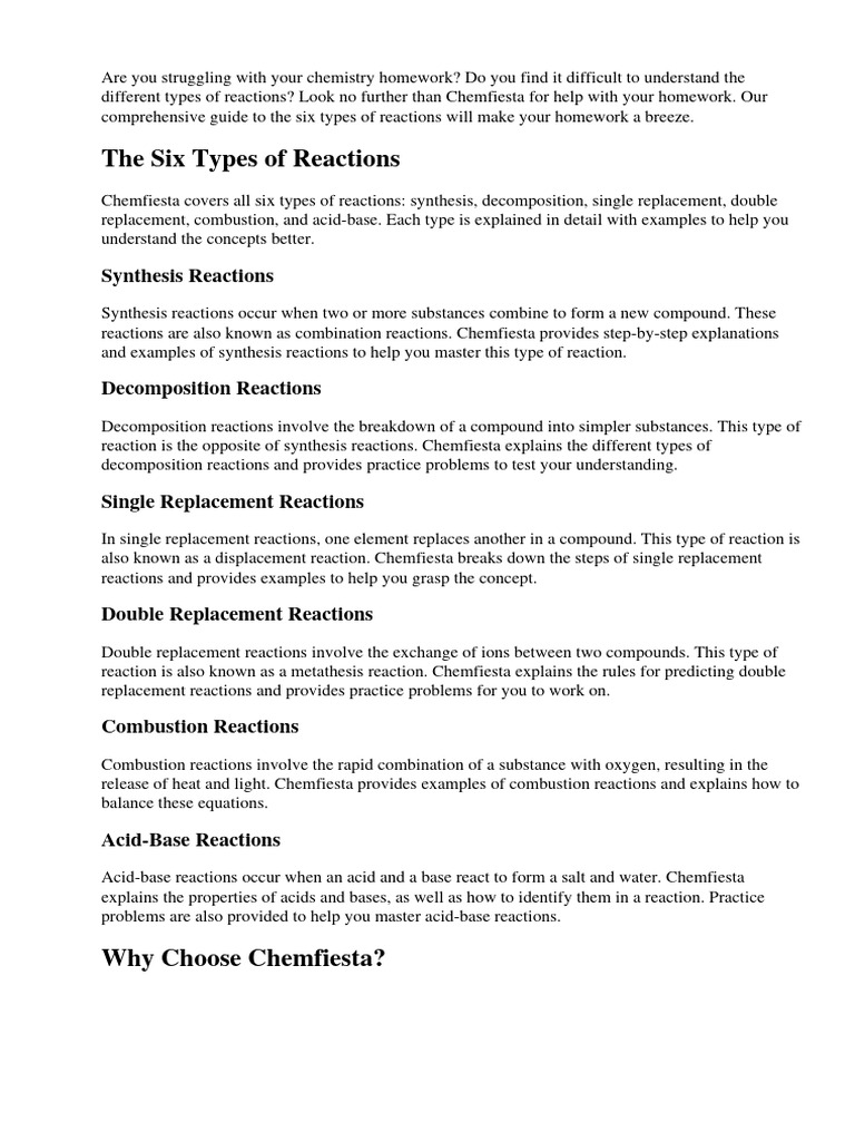 Six Types of Reaction Homework Chemfiesta | PDF | Chemical Reactions ...