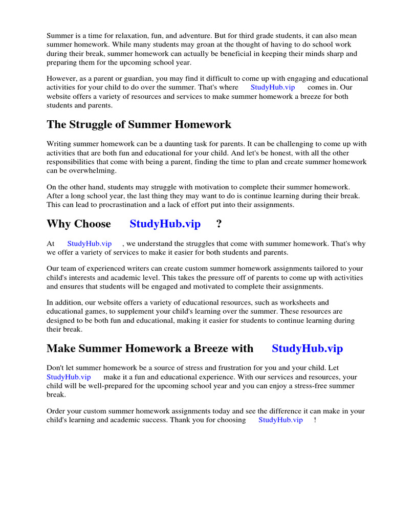 Summer Homework Third Grade | PDF | Homework | Worksheet