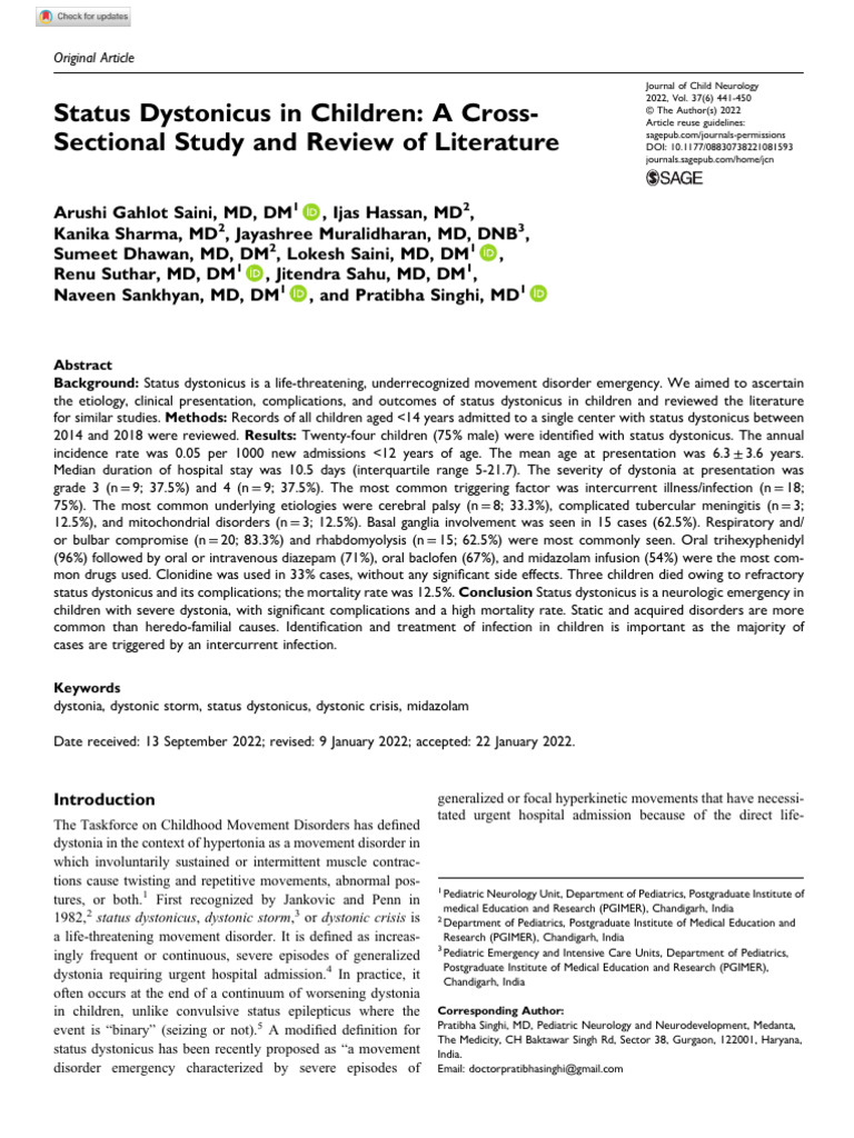 Saini Et Al 2022 Status Dystonicus in Children A Cross Sectional Study and Review of Literature ...