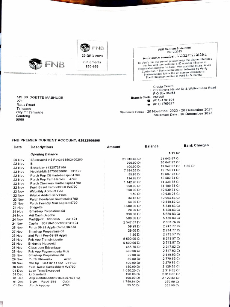 FNB Premier Account Statement Summary | PDF