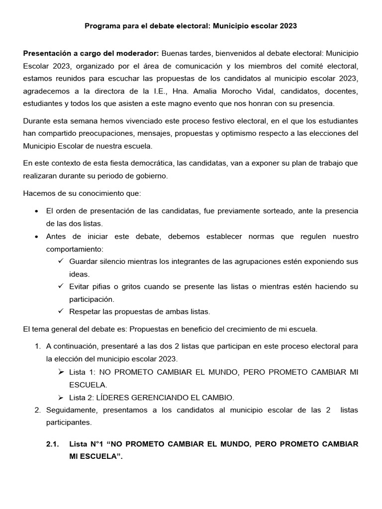 Programa para El Debate Del Municipio Escolar 2023 | PDF | Gobierno