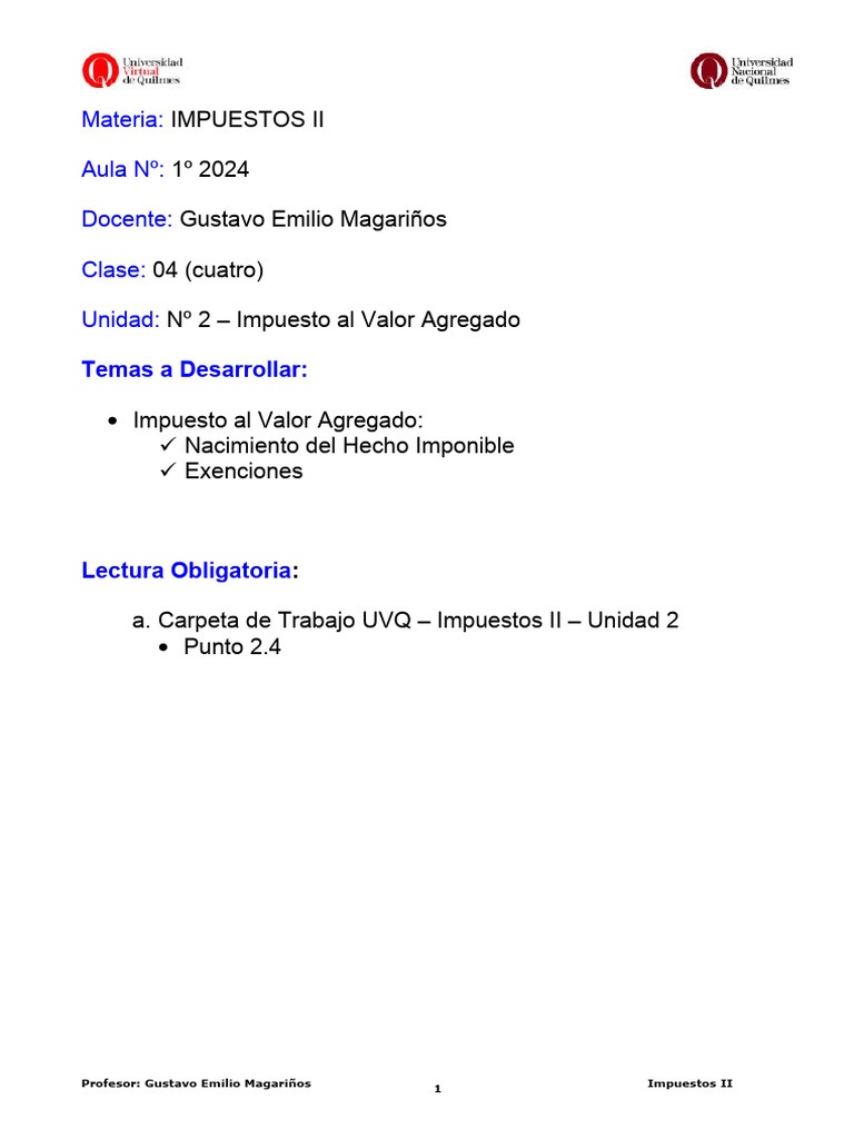 Clase 04 - Impuestos II - IVA NHI - Exenciones - Aula 1º 2024 | PDF | Impuestos | Impuesto al ...