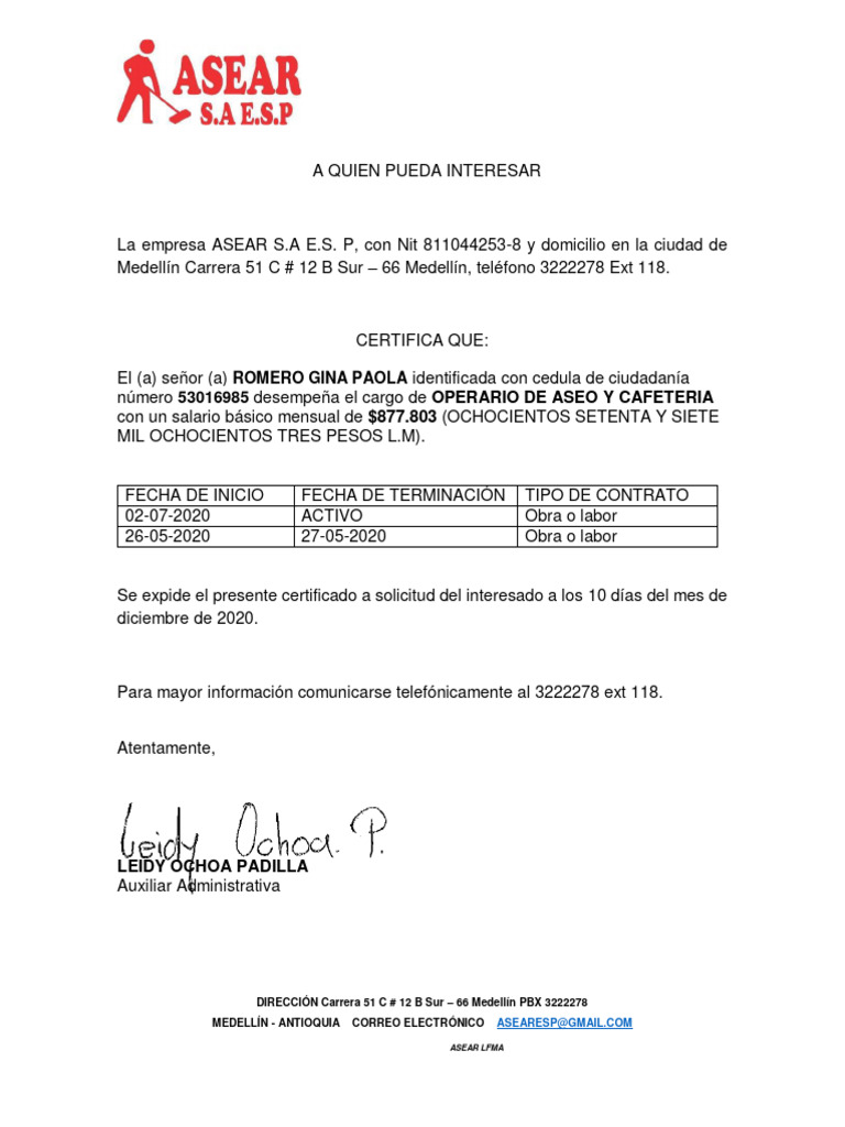 Certificado Laboral ASEAR S.A. | PDF