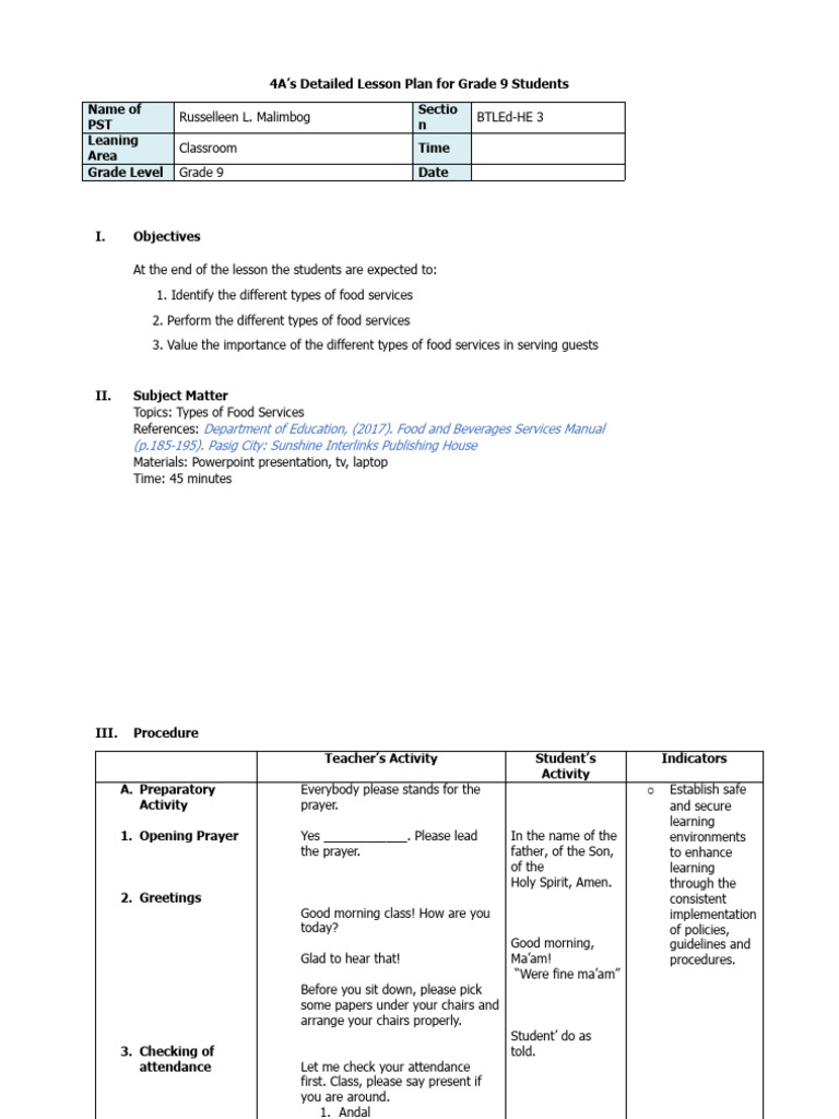 Detailed Lesson Plan 4a's | PDF | Buffet | Foodservice