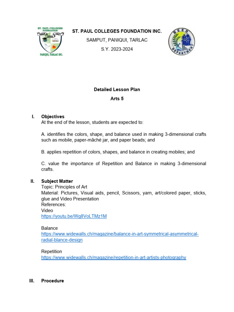 Detailed Lesson Plan in Arts | PDF | Symmetry | Shape