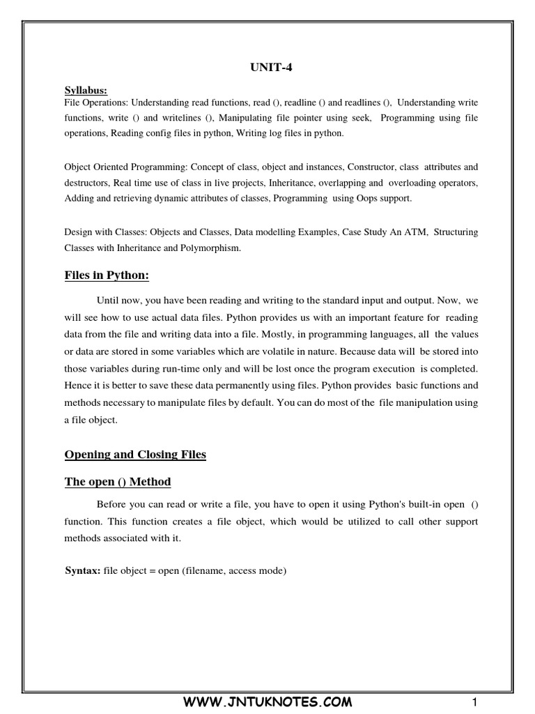 Python Programming Unit 4 Pdf Object Oriented Programming Class Computer Programming