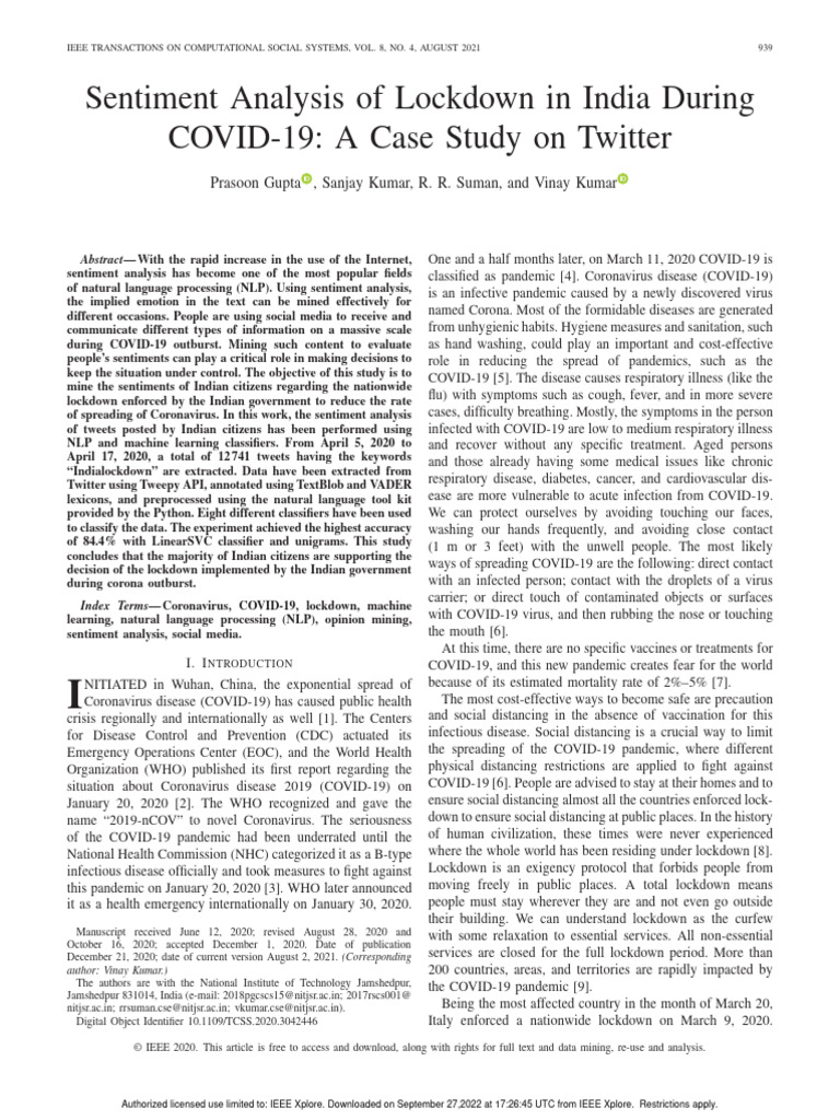 Sentiment Analysis of Lockdown in India During COVID-19 A Case Study On ...